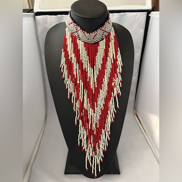 Jewelry | African Tribal Red And White Seed Bead Long Fringe Necklace ...